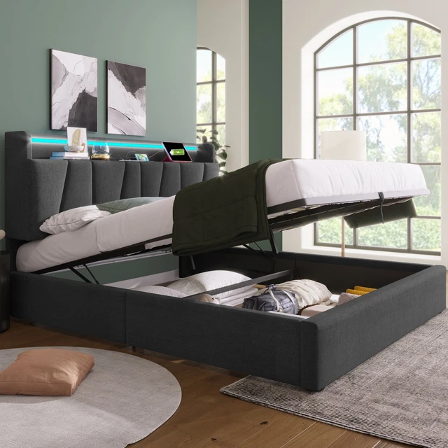 OTTOMAN STORAGE 5FT King Upholstered Bed with Headboard Storage and LED ...
