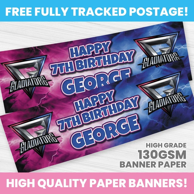 PERSONALISED GLADIATORS BIRTHDAY Banner Party Decoration Banners £5.50 ...