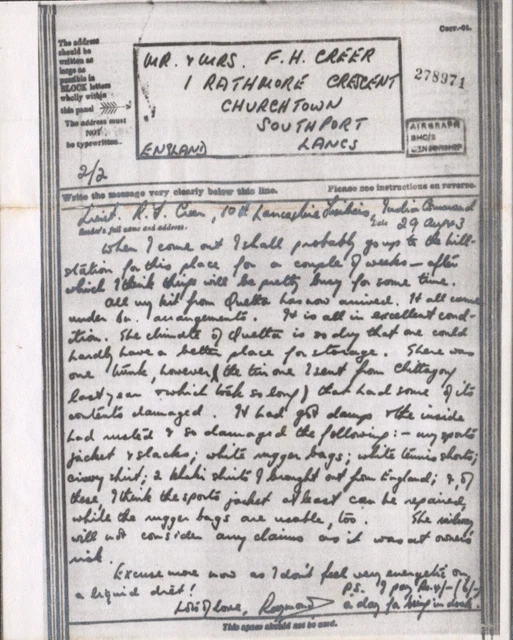 WW2 AIRGRAPH India -Southport Lieutenant 10th Lancs Fusiliers August ...