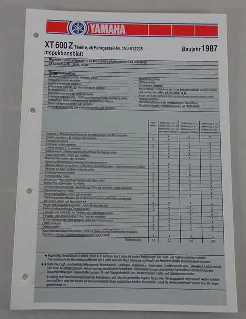 INSPECTION FORM YAMAHA XT 600 Z Type 1VJ Year 1987 £3.92 - PicClick UK