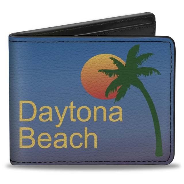 BI-FOLD WALLET DAYTON BEACH Script/Sun/Palm Trees Blue Fade/Yellow ...
