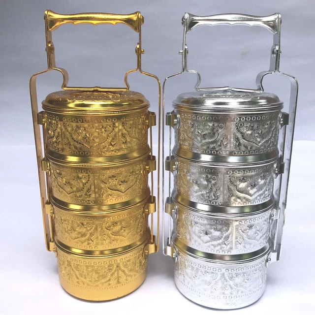 VINTAGE STYLE THAI Traditional Silver Aluminium Tiffin Gold Lunch Box ...