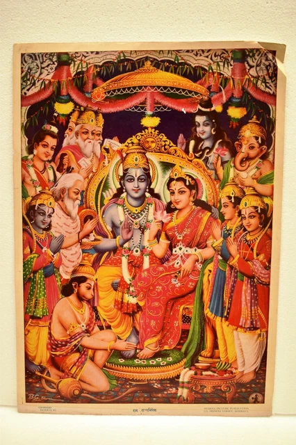 VINTAGE LITHOGRAPH PRINT Ramayan Ram Rajyabhishek Story Hindu Mythology ...