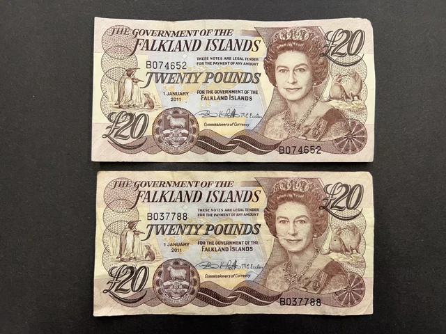RARE FALKLAND ISLANDS £20 Pounds "Elizabeth II" Banknote Set (2) LOT ...