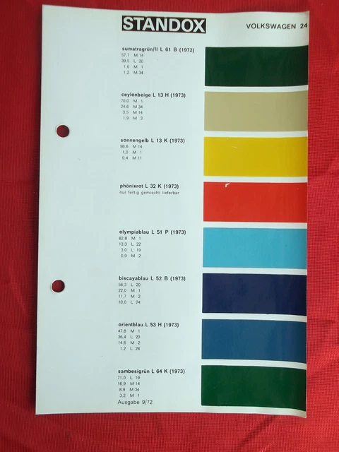 FARBKARTE VOLKSWAGEN VW Standox Farben Oldtimer color chart Bulli Käfer ...