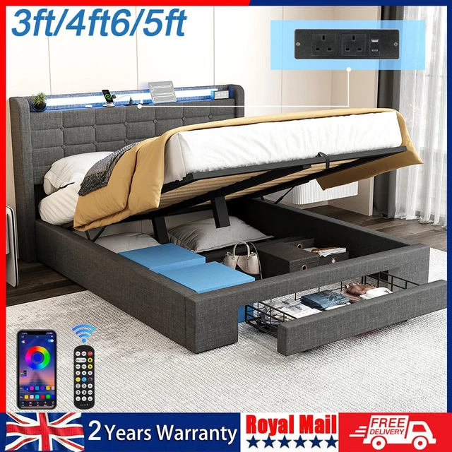 NEW OTTOMAN STORAGE Upholstered Bed Frame With Socket & Led Light ...