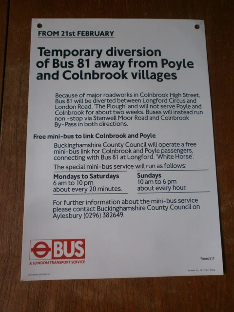 LONDON TRANSPORT TIMETABLE Panel Poster-Route 81 Diversion From Poyle ...