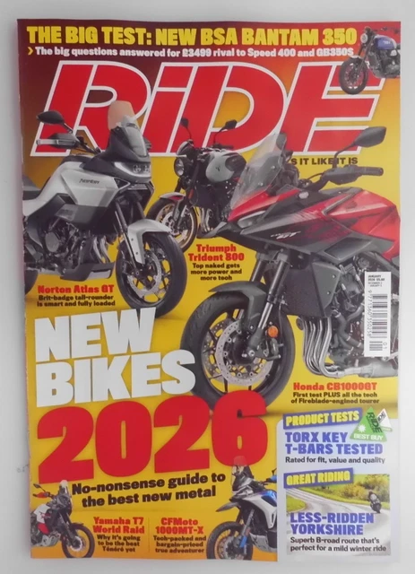 RIDE MAGAZINE JAN 2026 New Bikes, BSA Bantam 350, Honda CB100GT ...