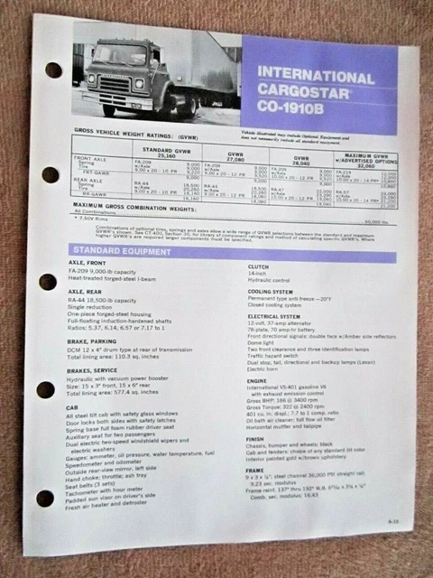 1974 INTERNATIONAL CARGOSTAR Co-1910B Semi Truck Specifications Spec ...
