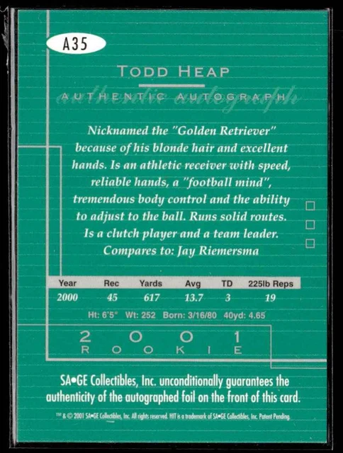 2001 AUTOGRAPHE SAGE HIT Todd Heap Arizona State Sun Devils #A35 EUR 5 ...