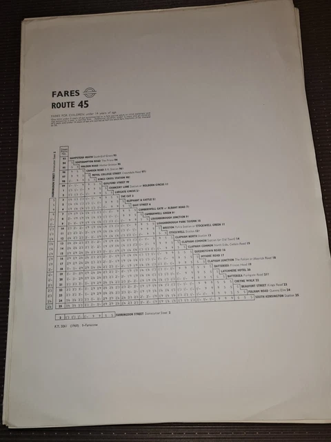 LONDON TRANSPORT BUS RT/RF Conductors Fare Chart Route 45 1968 £12.99 ...