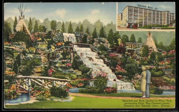 AK CHICAGO, IL, Waterfall and Rock Gardens in Olson Park, surrounding ...
