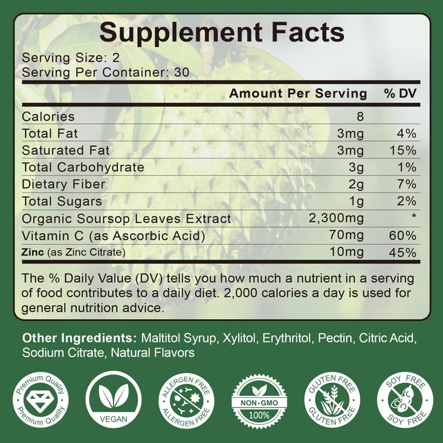 ORGANIC SOURSOP GRAVIOLA 60 Gummies Leaves & Seeds Extract 2300mg ...