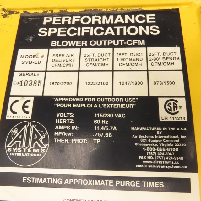 AIR SYSTEMS SVB-E8 3/4Hp 115/230V 1Ph Squirrel Cage Blower 1570/2700CFM ...