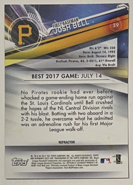 JOSH BELL 2017 Bowman’s Best Rookie Refractor RC #59 $2.99 - PicClick CA