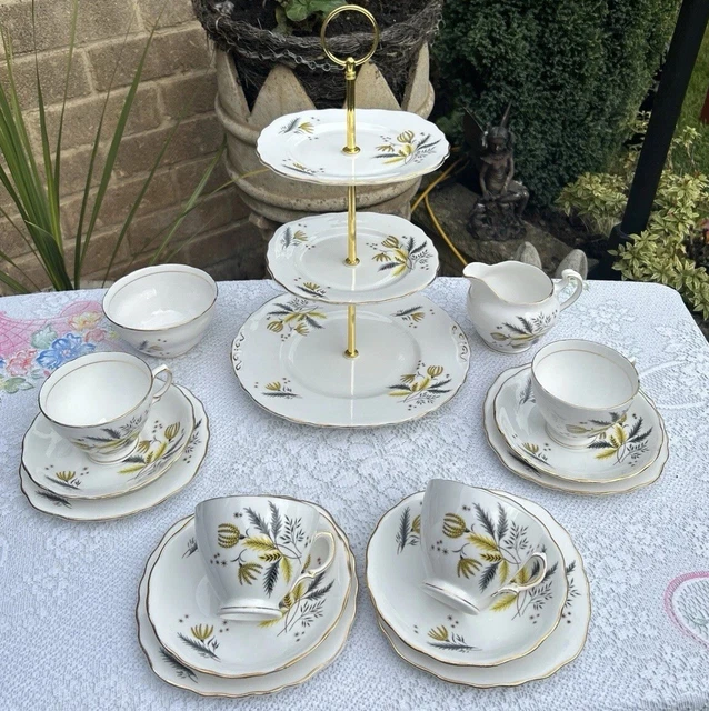 VINTAGE COLCLOUGH BONE China Tea Set & 3 Tier Cake Stand Stardust ...