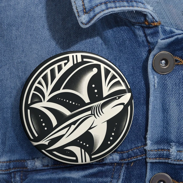 CUSTOM PIN BUTTON Badge Retro Art Deco Shark Profile Black White Beach ...