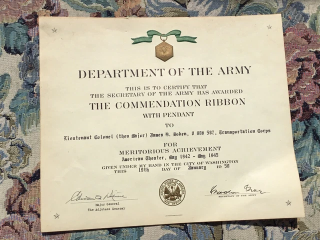 ORIGINAL WWII US Army Commendation Medal Ribbon Certificate To Major £ ...