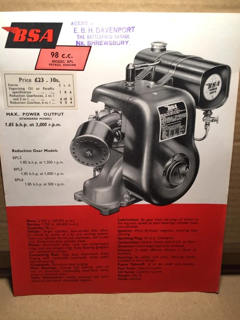 BSA VILLERS VINTAGE 1956 Stationary Engine Brochure P.u.889-10-New Old ...