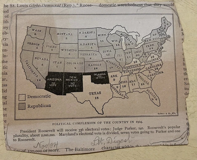 RARE POLITICAL MAP, Complexion Of Country 1904 Presidential Election ...