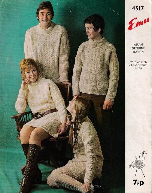 EMU 4517 ORIGINAL Family Knitting Pattern Aran Sweater & Dress £2.24 ...