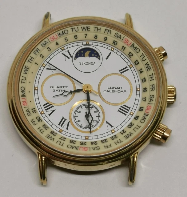 VTG 1990S SEKONDA Lunar Calendar Moon Phase Gold Tone Quartz Gents 37mm ...