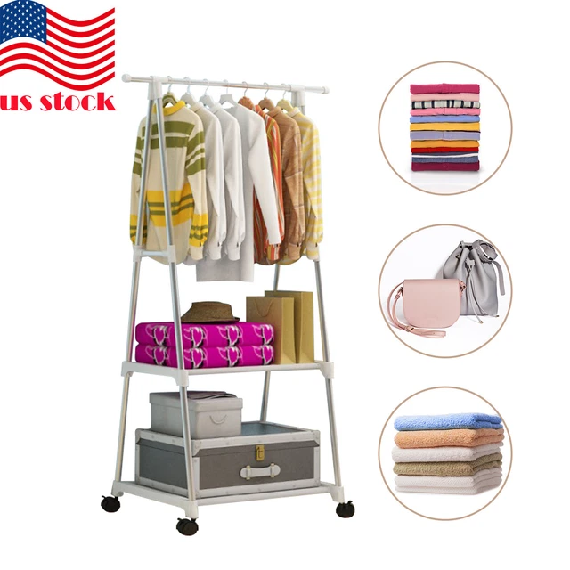 ROLLING GARMENT LAUNDRY Rack Clothes Rack On Wheels Storage Shelves W ...