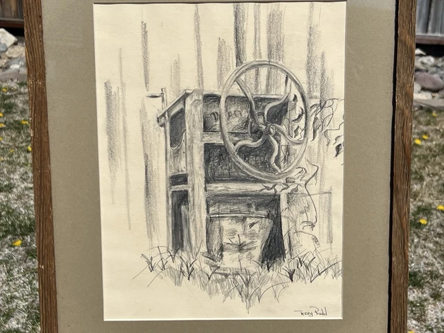 VTG HAND PENCIL Drawing Old Farm Machine by Terry Rudd Barnwood Framed ...