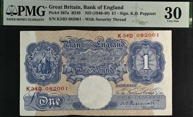 £1 WAR BANK England Note Peppiatt B249 367a PMG 30 1940-1948 Pink WW2 ...