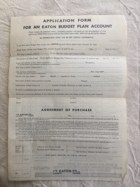EATON'S ORDER FORM and Budget Plan Account form on Reverse side - both ...