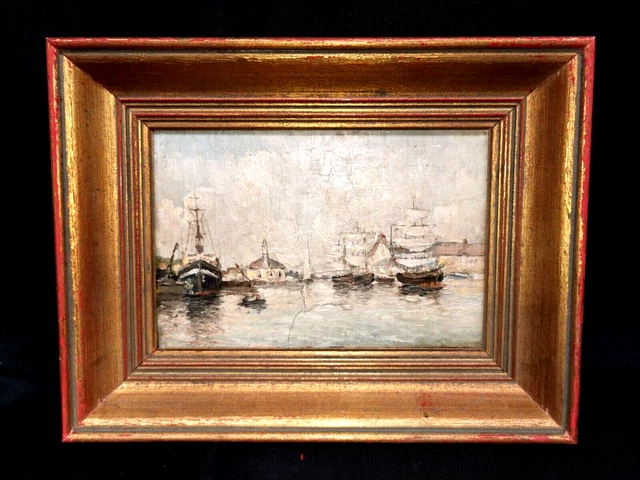 ANCIEN TABLEAU / Huile sur bois , Bateaux au port , Marine EUR 19,00 - PicClick FR