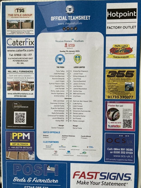 PETERBOROUGH UNITED LEEDS United FA Cup Team Sheet 07/12/2023 EUR 4,22 ...