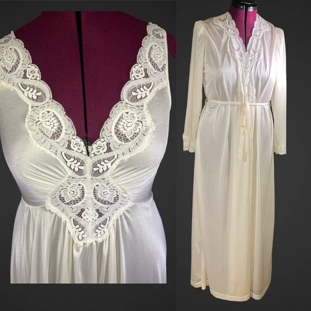 Vtg Ivory White Olga Full Sweep Nylon Nightgown Peignoir Gown Robe