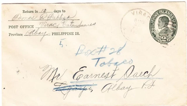 PHILIPPINES POSTAL ENVELOPE-SC#U40-VIRAC AUG/30/1927-CCATANDUANES ...