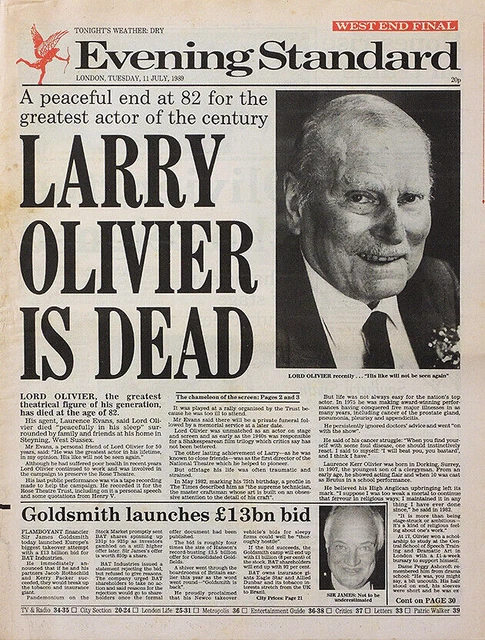 LONDON EVENING STANDARD Newspaper 11 July 1989 . Laurence Olivier Dead ...