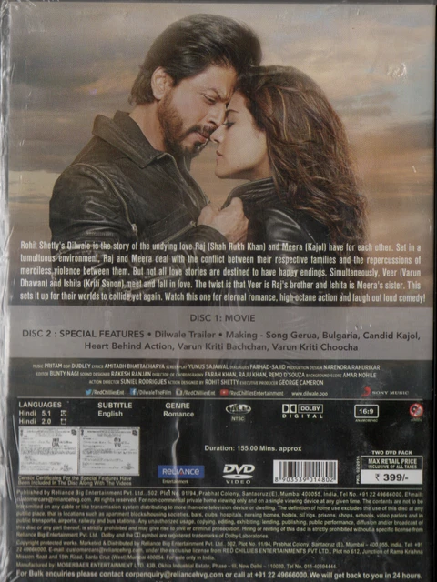 DILWALE - BOLLYWOOD 2 DVD SET - Shah Rukh Khan, Kajol, Varun Dhawan ...