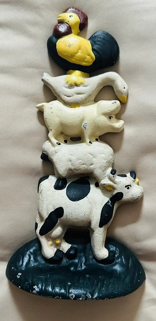 VINTAGE CAST IRON Stacked Farm Animals Doorstop,Cow, Sheep, Pig Chicken ...