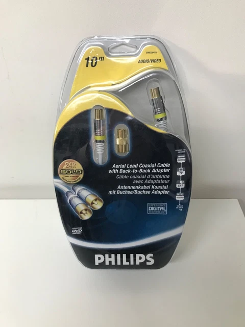 PHILIPS 10M 24K Gold Coaxial Aerial Cable + Back-to-Back Adapter NEW £4 ...