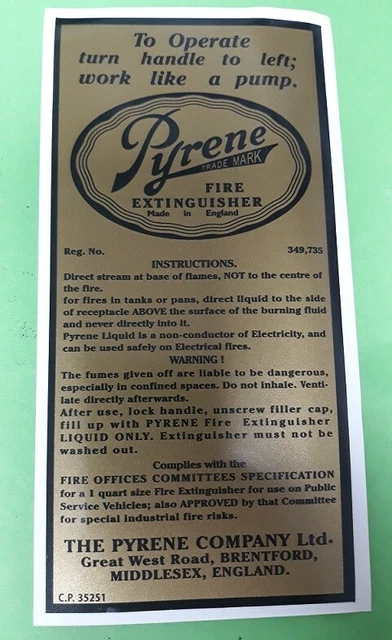 PYRENE FIRE EXTINGUISHER Instruction Sticker Label Vintage WW2 Era ...