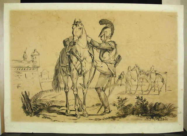 ORIGINAL CHARCOAL DRAWING C1900 Helmeted Cavalry Militaria Dragon ...