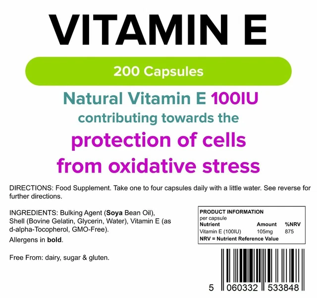 VITAMINE E (DL-ALPHA Tocophérol) 100IU Capsules; 200 Capsules EUR 11,46 ...