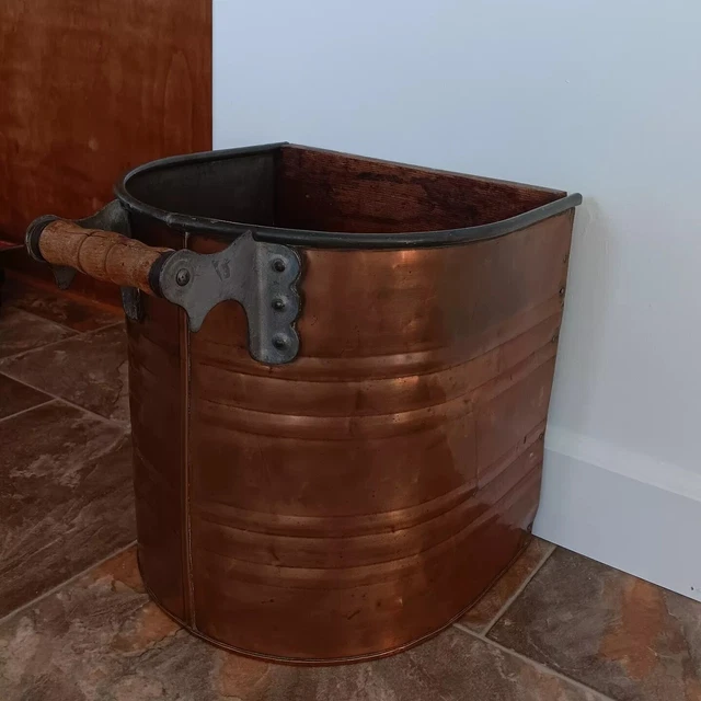 VTG ANTIQUE COPPER Boiler Bucket Wash Basin Wood Handle Rustic ...