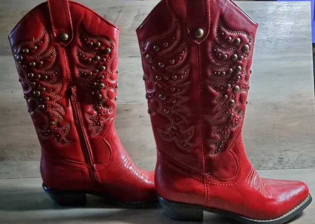 LIMELIGHT RED COWBOY Boots Gold Embellishments Size 7 Half Zip Up Side ...