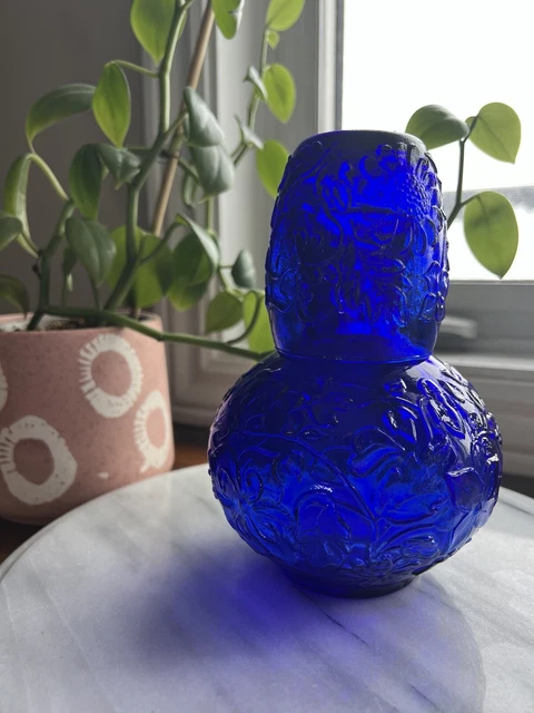 VINTAGE COBALT BLUE Glass Tumble Up Set Bedside Decanter with Rolly ...