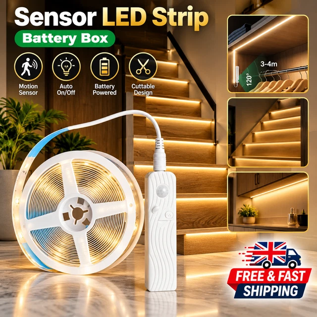 PIR MOTION SENSOR LED Strip Battery Wireless Light Stairs Cabinet ...