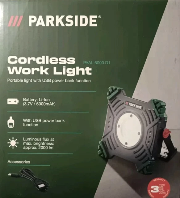 PARKSIDE CORDLESS LED Work Light With Power bank USB 2000LM £32.95 ...