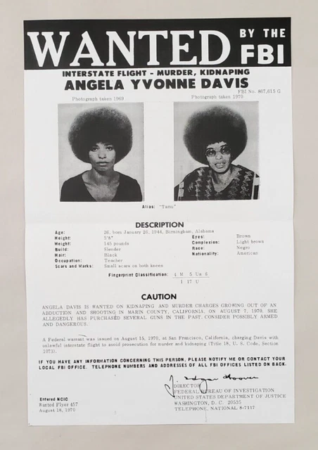 ANGELA DAVIS - 1970 Fbi Most Wanted Poster - Black Panther Party ...