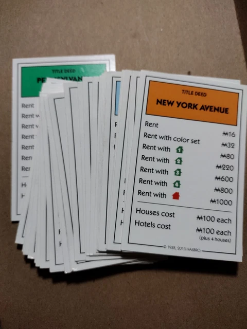 MONOPOLY PROPERTY TITLE Deed Cards - Complete Set - Game Replacement ...