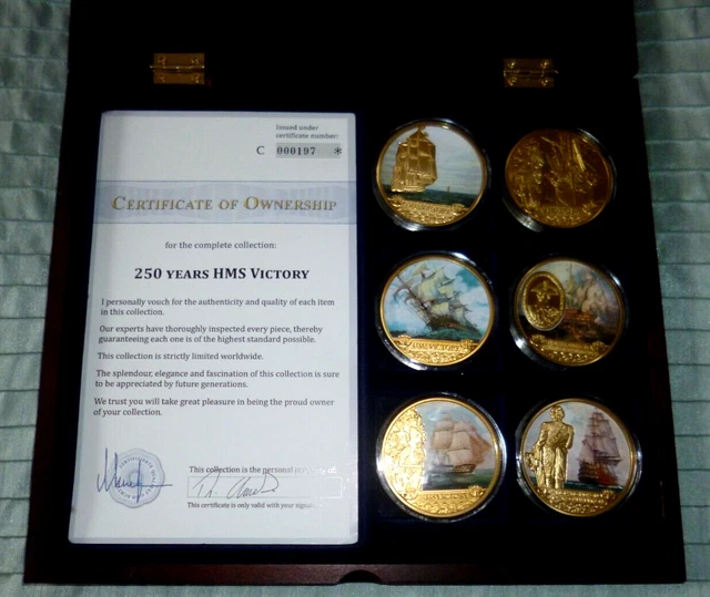 250 YEARS OF HMS Victory, proof, gold plated 6 medal set, cased with ...