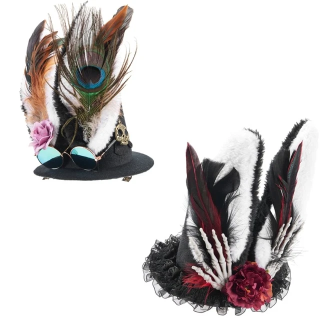 STEAMPUNKS FLAT TOP Hat with Skull&Rabbits Ear Carnivals Role Play Hats ...